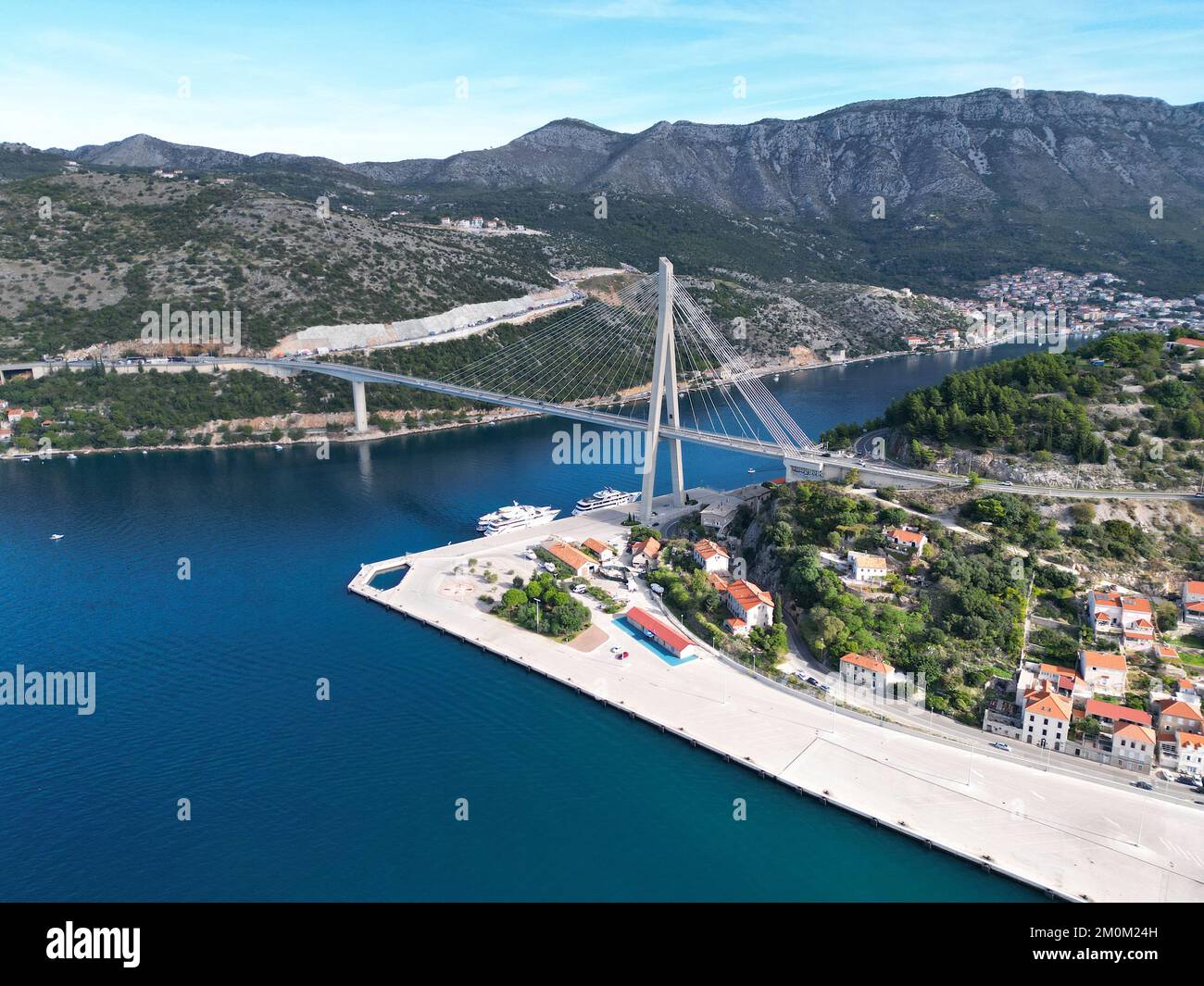 Franjo Tudman Bridge Cable-stayed bridge Dubrovnik Croatia drone aerial ...
