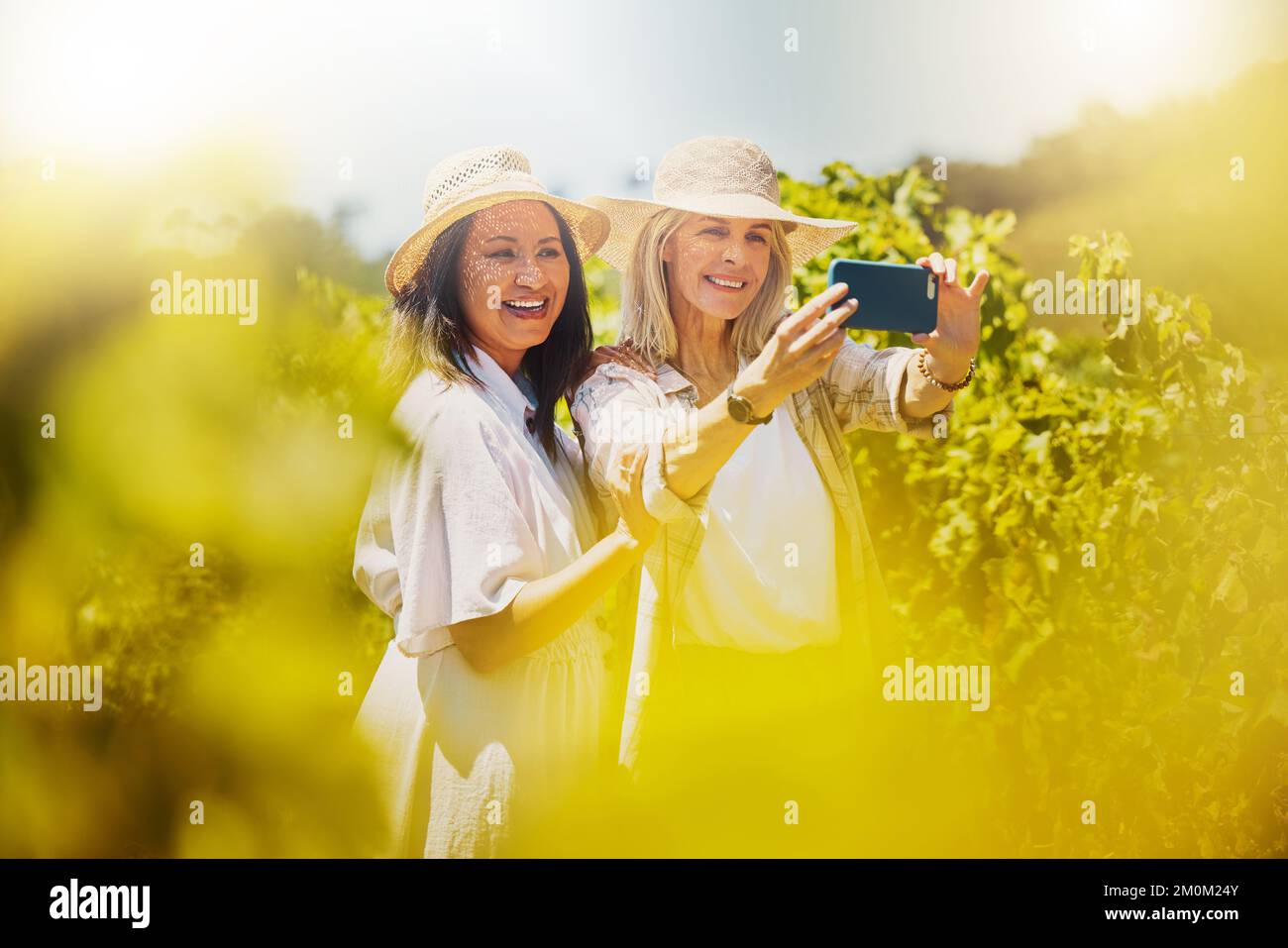 Two Happy Friends Taking Selfies On Cellphone In Vineyard Smiling