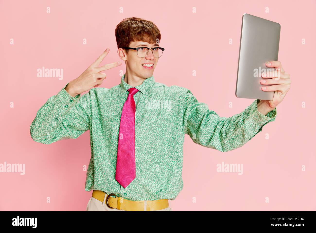 Funny emotional man, student geek wearing vintage style shirt and ...
