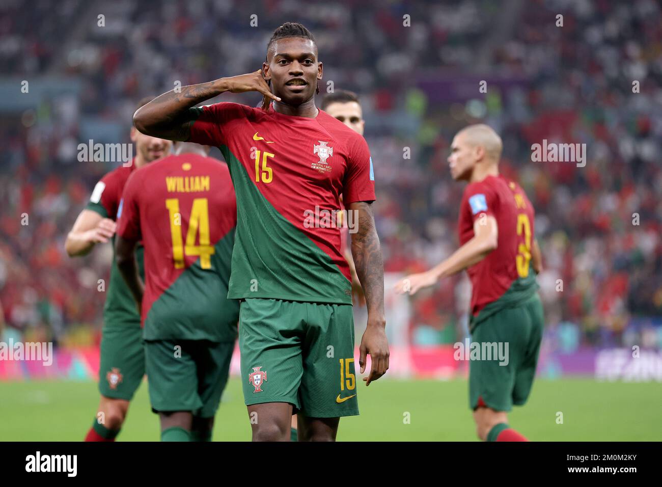 Rafael Leao of Portugal celebrates scoring his teams sixth goal during ...