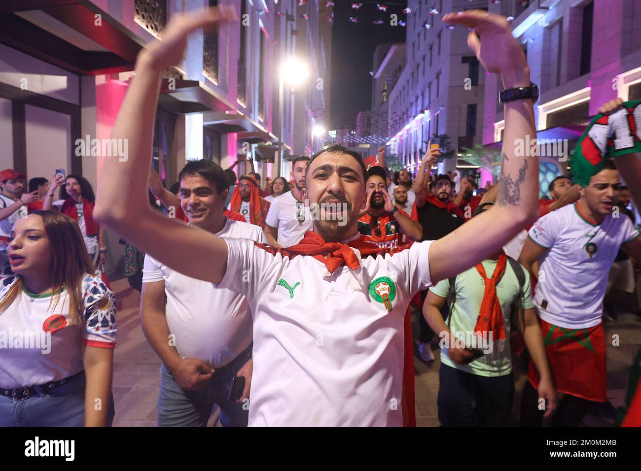 Morocco fans celebrate after their team's victory against Spain in the 2022 Qatar World Cup ...