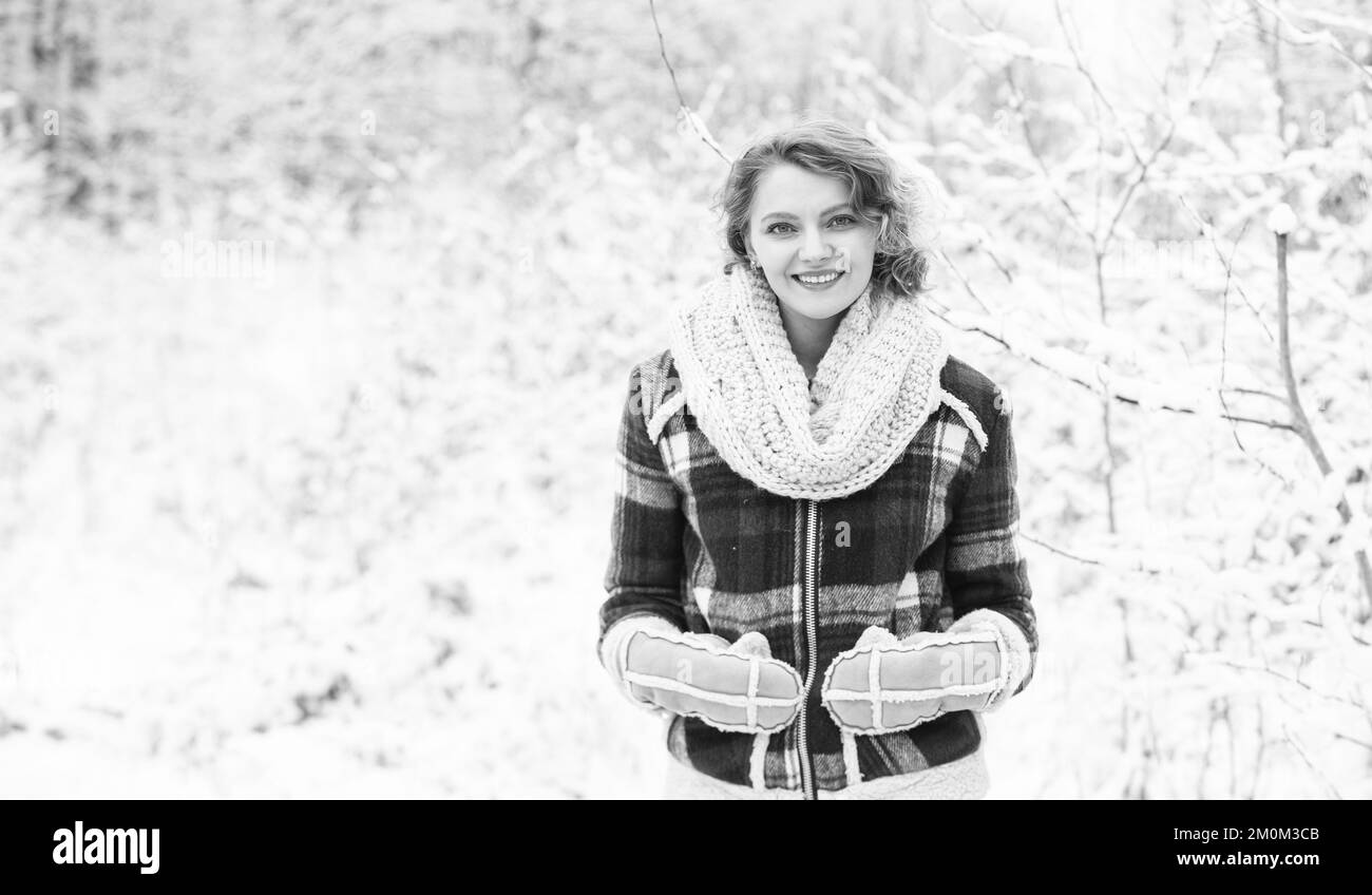 Snow makes everything outdoors look amazing. Woman warm clothes snowy ...