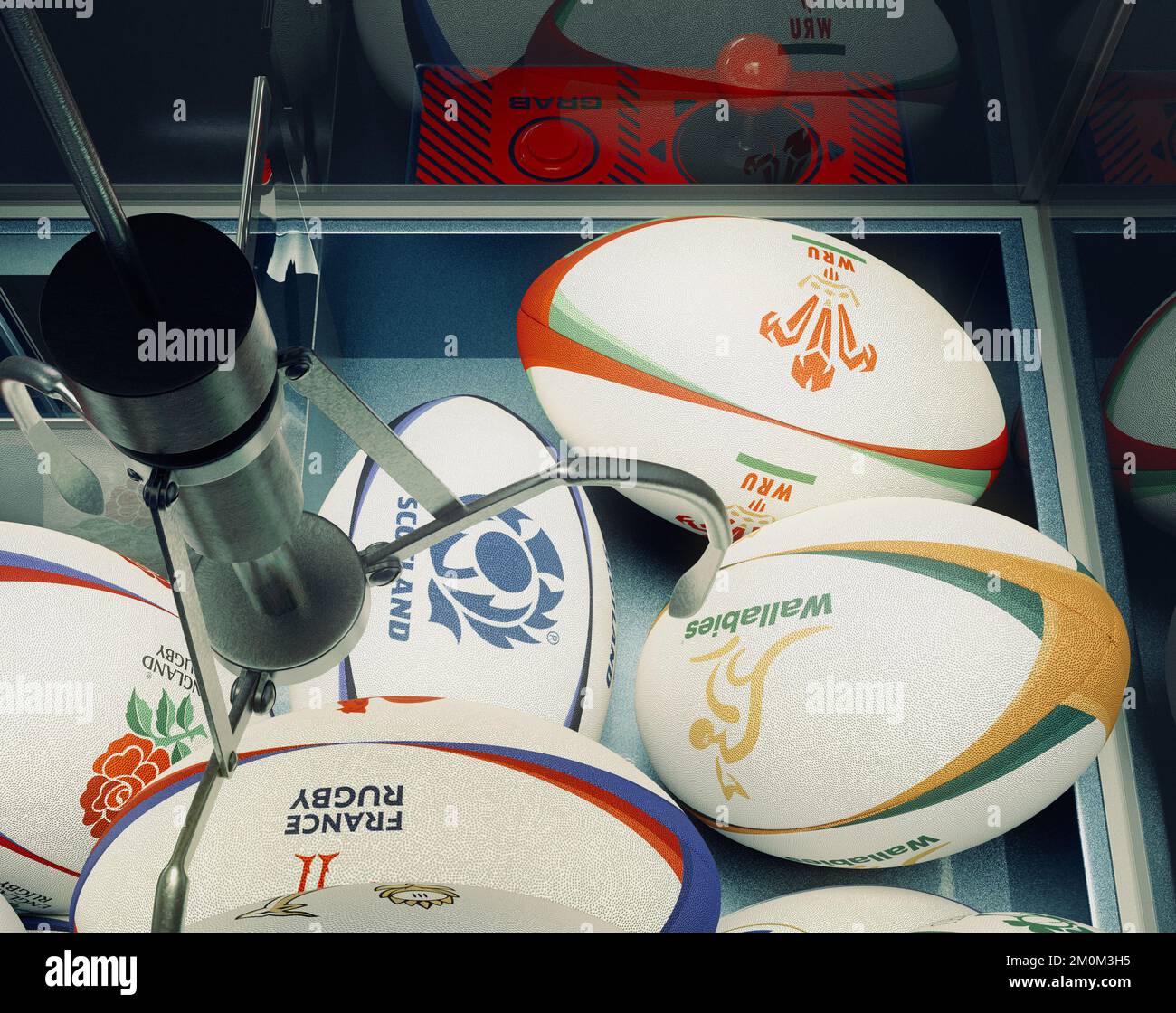 A concept 3D render of a arcade claw grab game filled with rugby balls ...