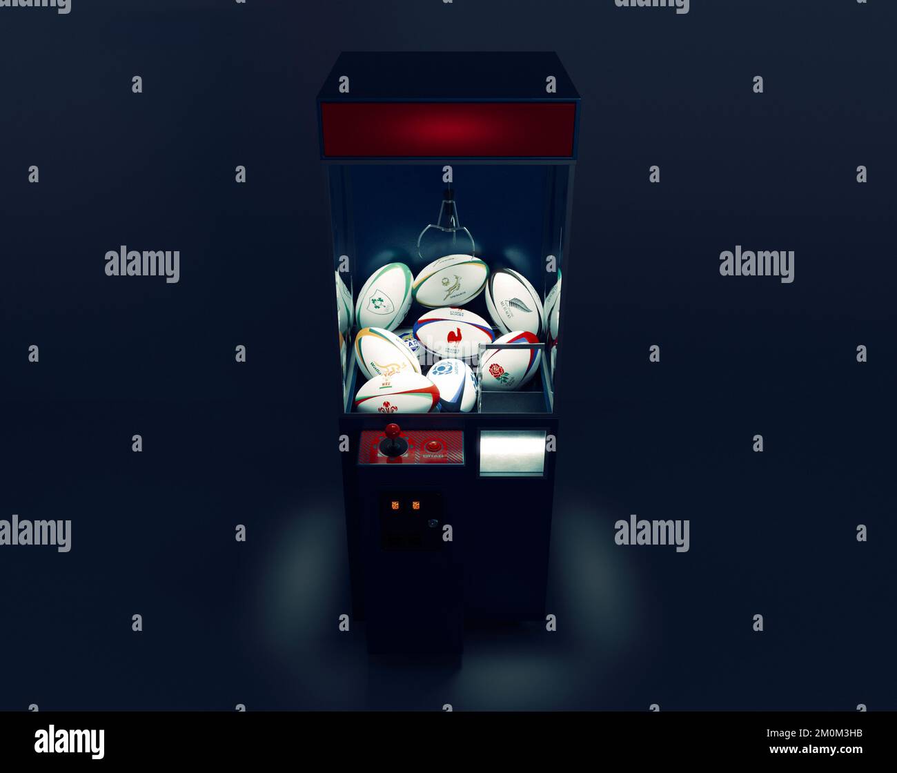 A concept 3D render of a arcade claw grab game filled with rugby balls ...