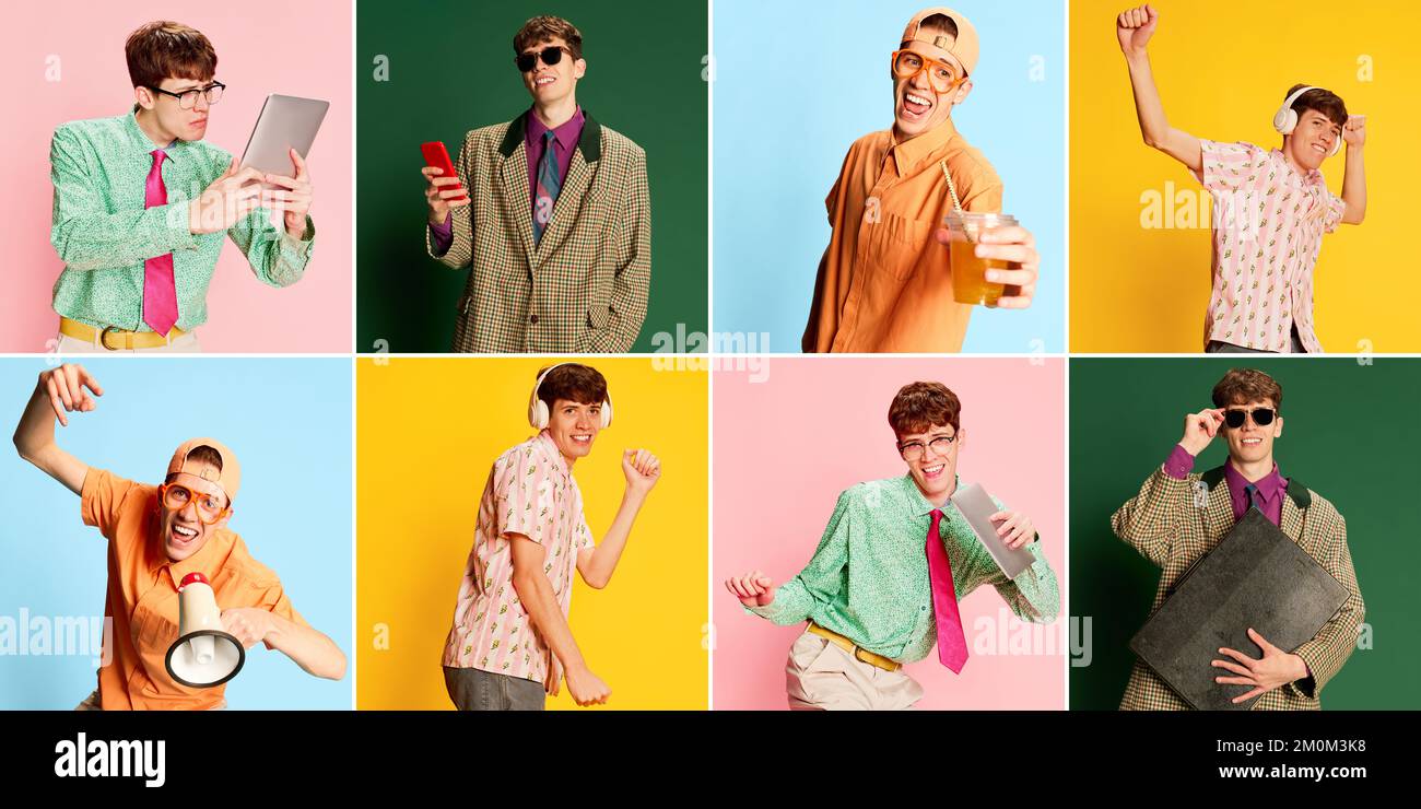 Collage. Portraits of young boy, student in different images and ...