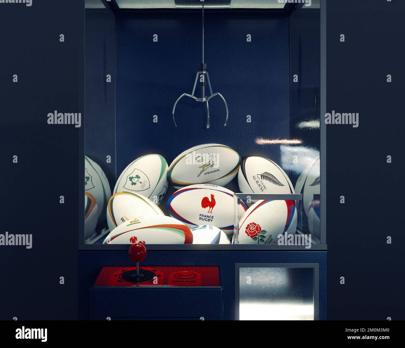 A concept 3D render of a arcade claw grab game filled with rugby balls ...