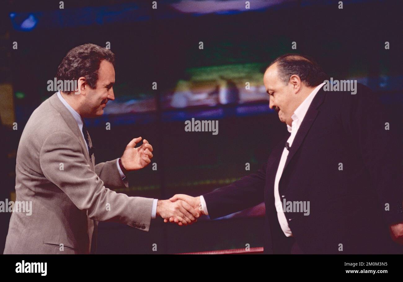 Italian journalists Michele Santoro (left) and Maurizio Costanzo at the ...