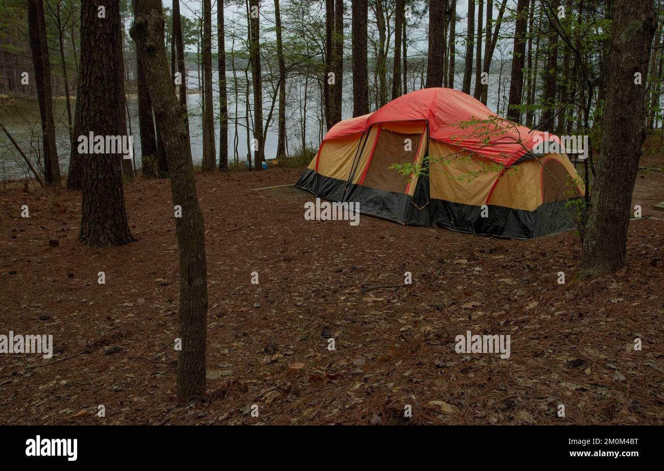 Cloudy day with a two room tent set up at North Carolina's Jordan Lake ...