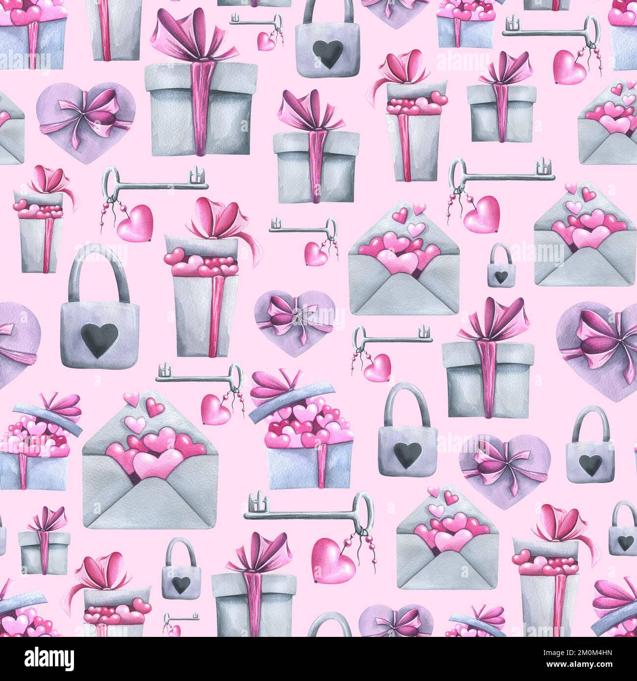 Gift boxes of different shapes and an envelope with pink hearts, a lock ...