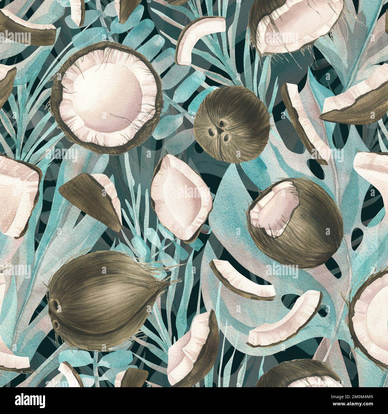 Coconuts of different shapes, whole and broken against the background ...