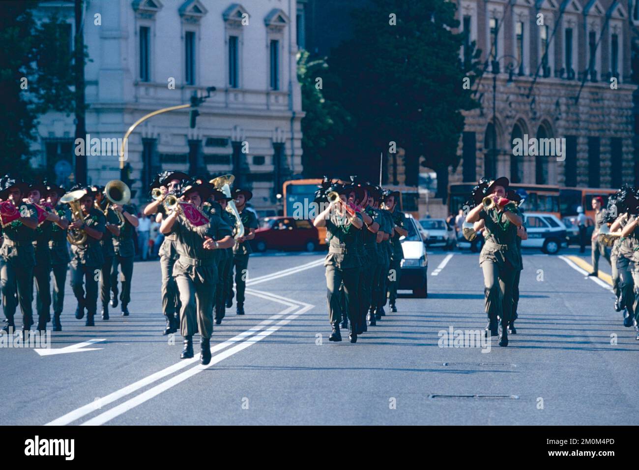 Italian sharpshooter troopers band running in the streets, Rome, Italy ...