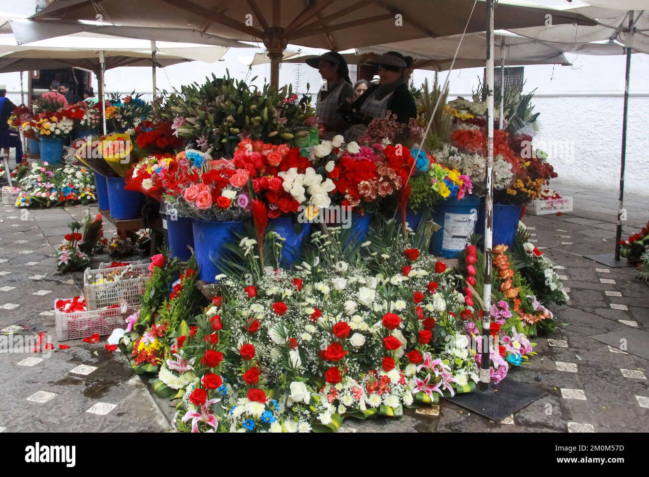 flowers stall in an Open air market stall in the central plaza Cuenca ...