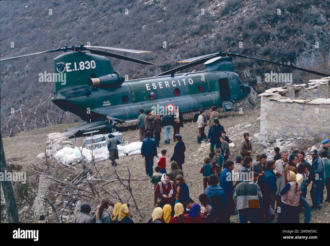 Italian military helicopter bringing aids in the village of Brinz ...