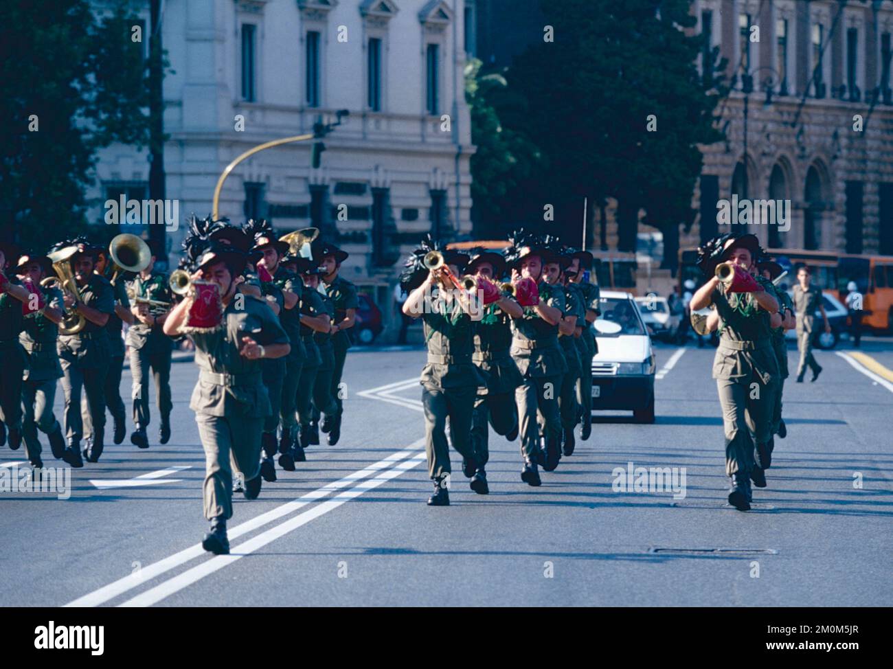 Italian sharpshooter troopers band running in the streets, Rome, Italy ...