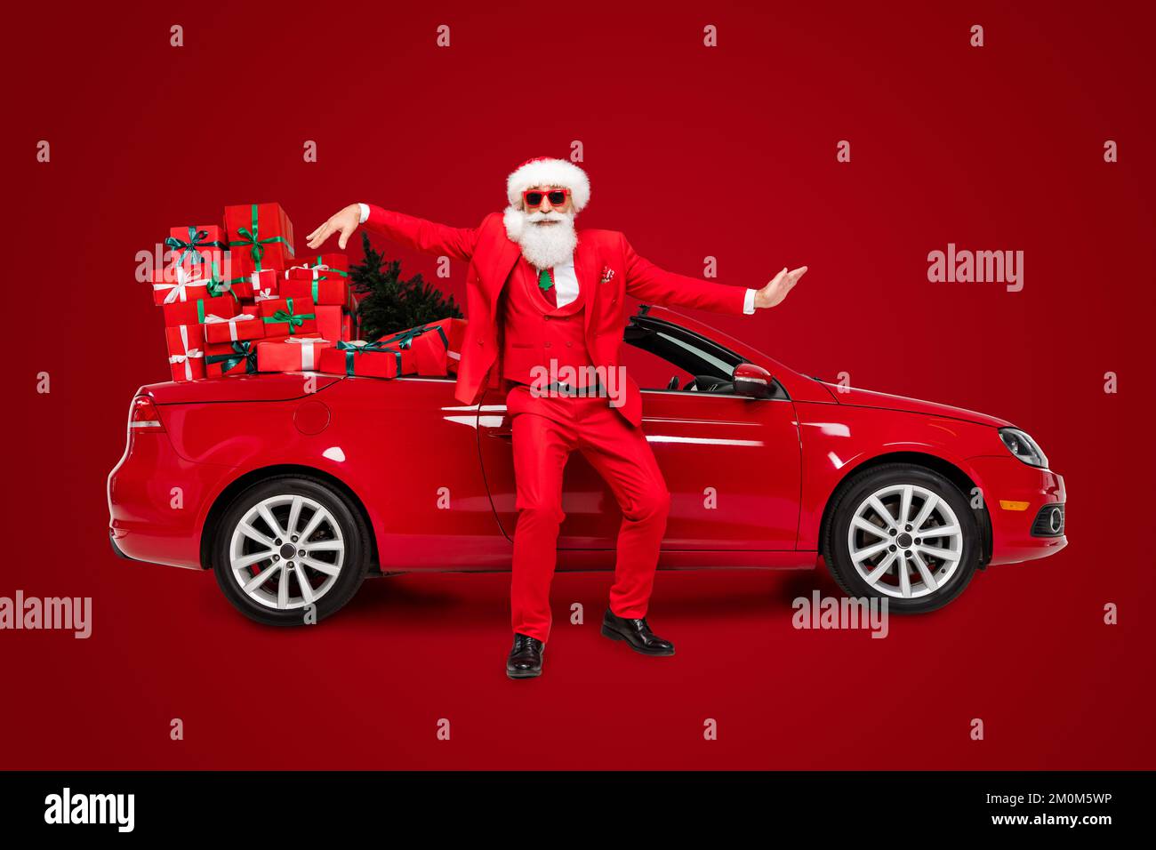 Full length body size view of attractive funny comic Santa dancing ...