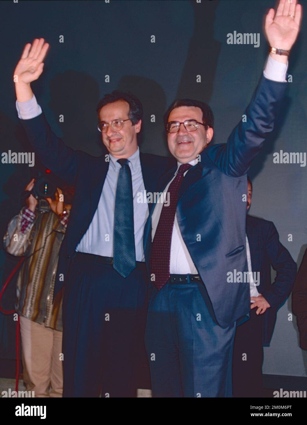 Italian politicians Walter Veltroni (left) and Romano Prodi celebrating ...