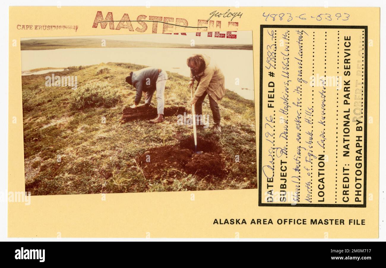 Dr. David Hopkins, USGS (with shovel), testing an esker for its gravel ...