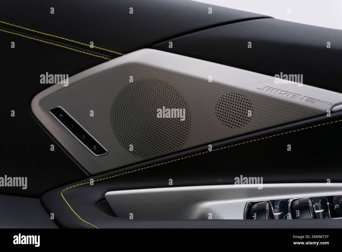 A closeup of the Corvette C8-R Edition BOSE performance series premium ...