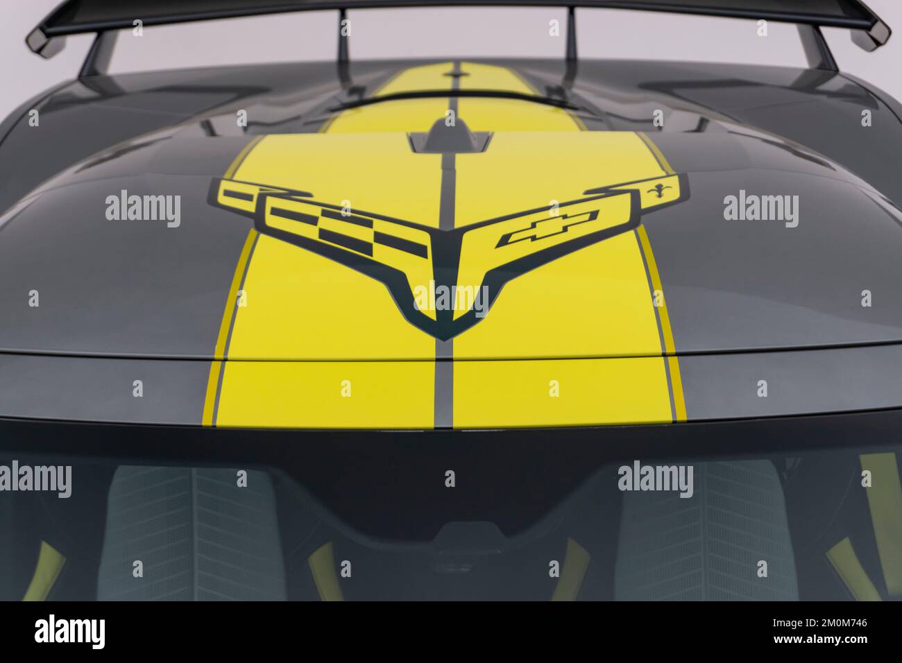 A closeup of the Chevrolet Corvette C8.R edition roof with yellow ...