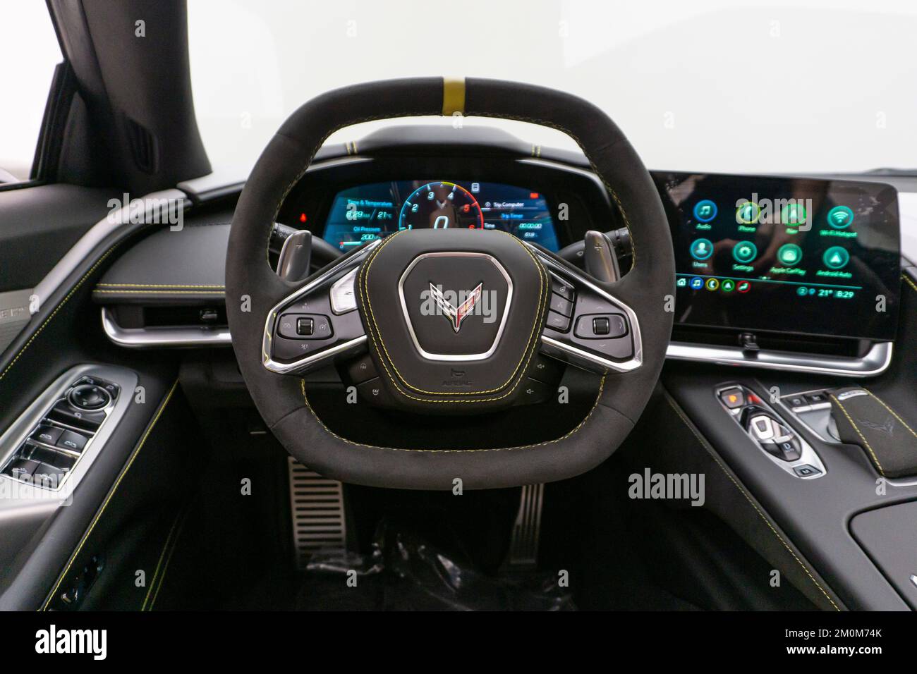 The Corvette C8-R Edition steering wheel and dashboard, driver's view ...