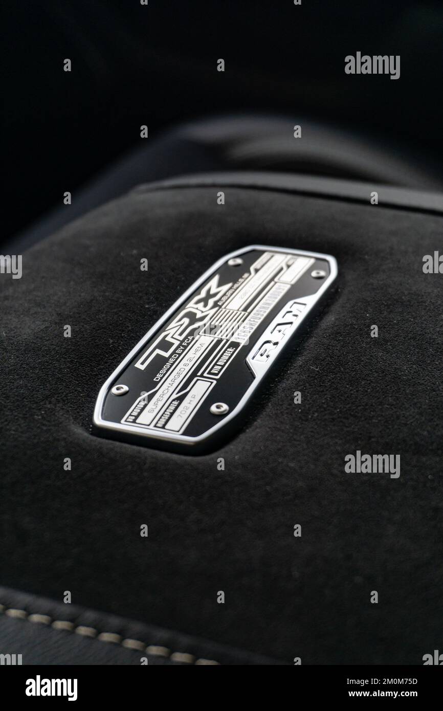 A vertical closeup of Dodge Ram TRX center console plaque Stock Photo ...