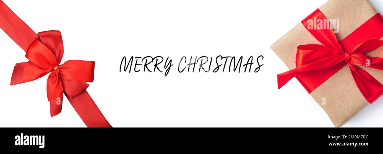 red ribbon and gift isolated on white background banner with copy space ...