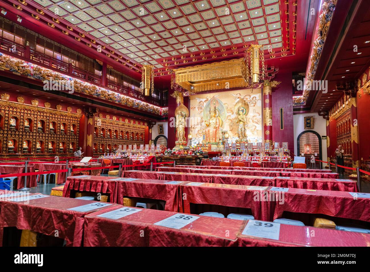The red tables in Buddha Tooth Relic Temple in Chinatown, Singapore ...