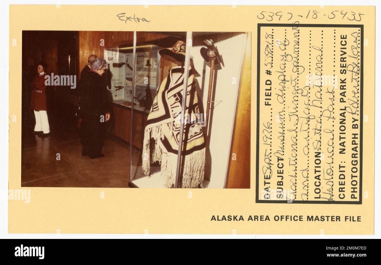 Museum display of traditional Tlingit garments and artifacts. Alaska ...