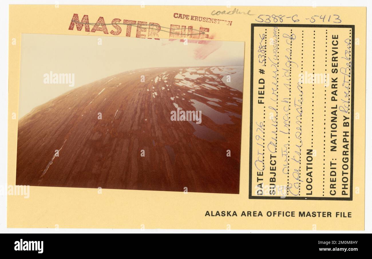 Aerial view (westward) of outer beach ridges of Cape Krusenstern ...