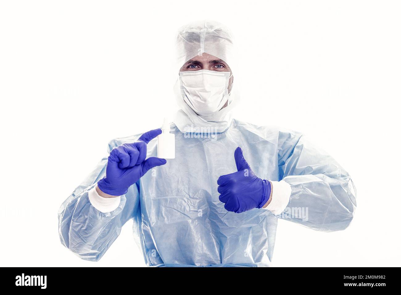 Drug approval. Lab scientist show thumbs up to medicine. Medicament ...