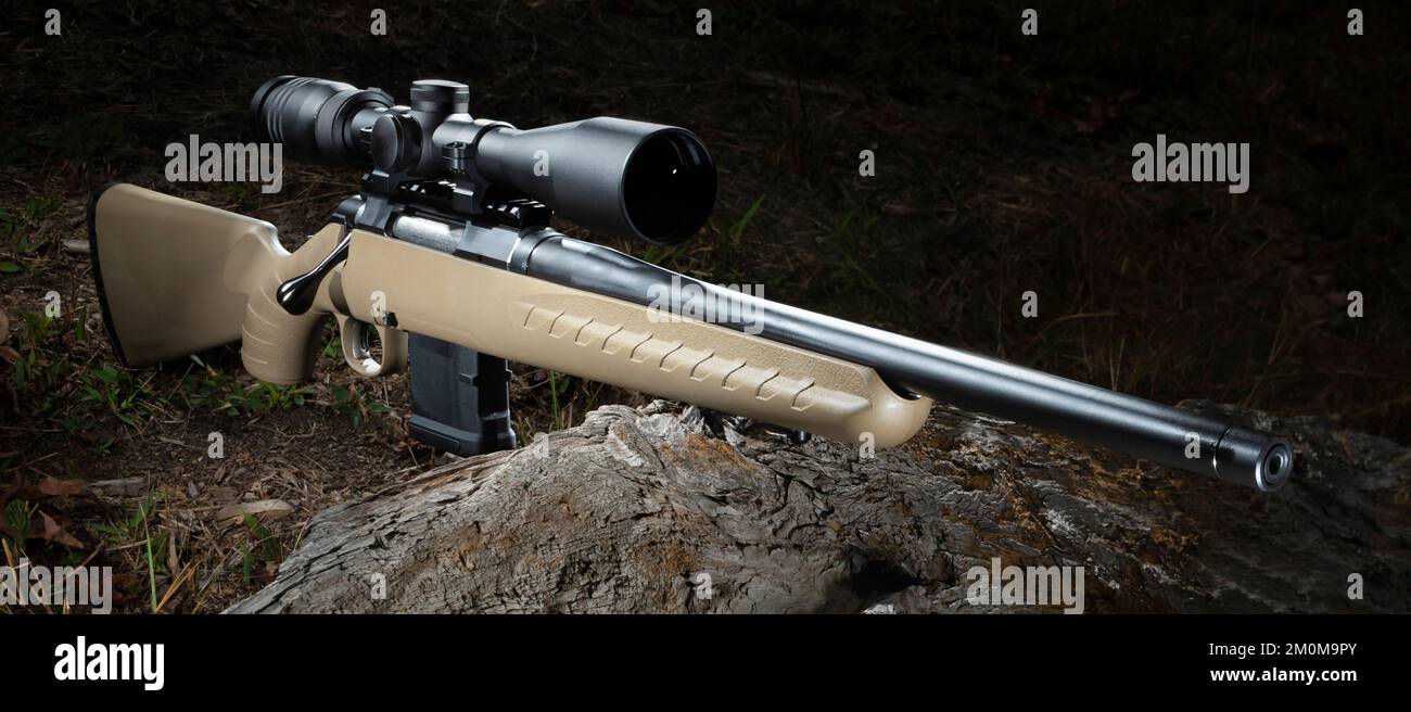 Brown bolt action rifle with a riflescope on a log outdoors Stock Photo ...