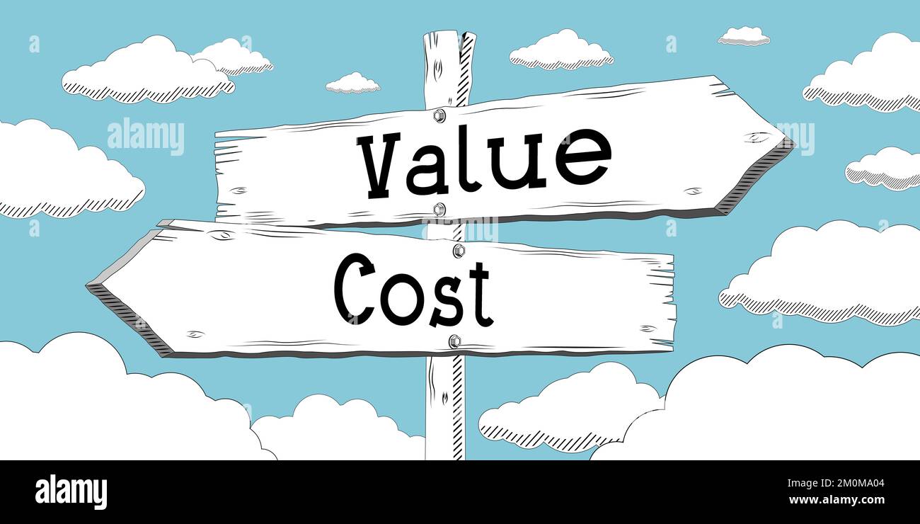 Cost and value - outline signpost with two arrows Stock Photo - Alamy