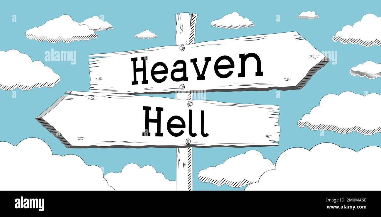 Heaven and hell - outline signpost with two arrows Stock Photo - Alamy
