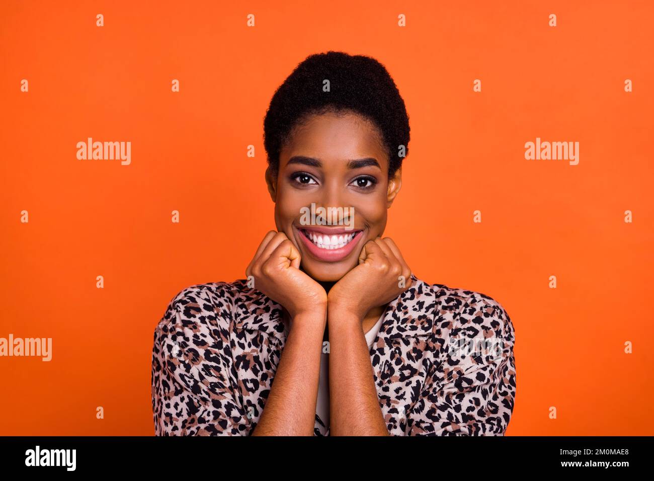 Portrait of cheerful person arms cheekbones toothy smile look camera ...