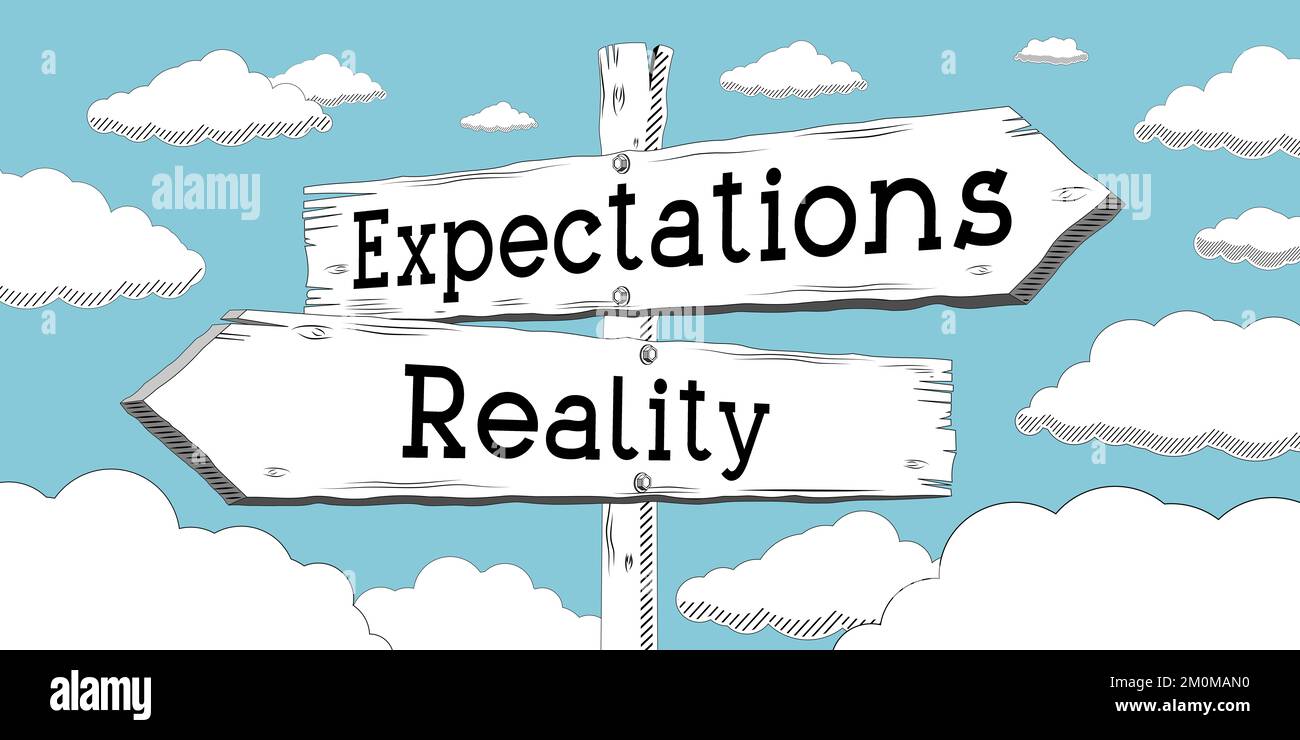 Expectations, reality - outline signpost with two arrows Stock Photo ...