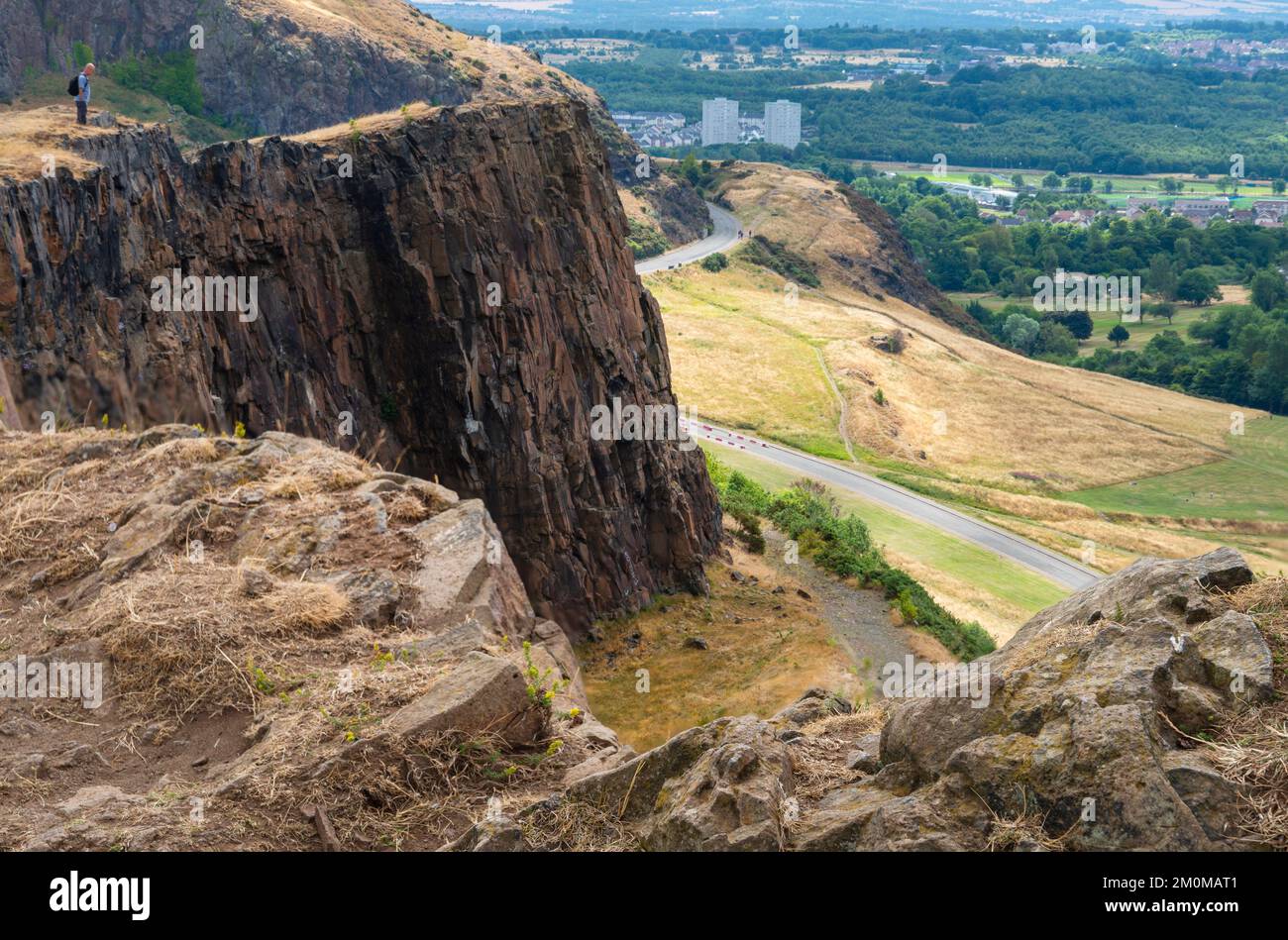 Looking down to pathways of Holyrood Park far below.narrow paths across ...