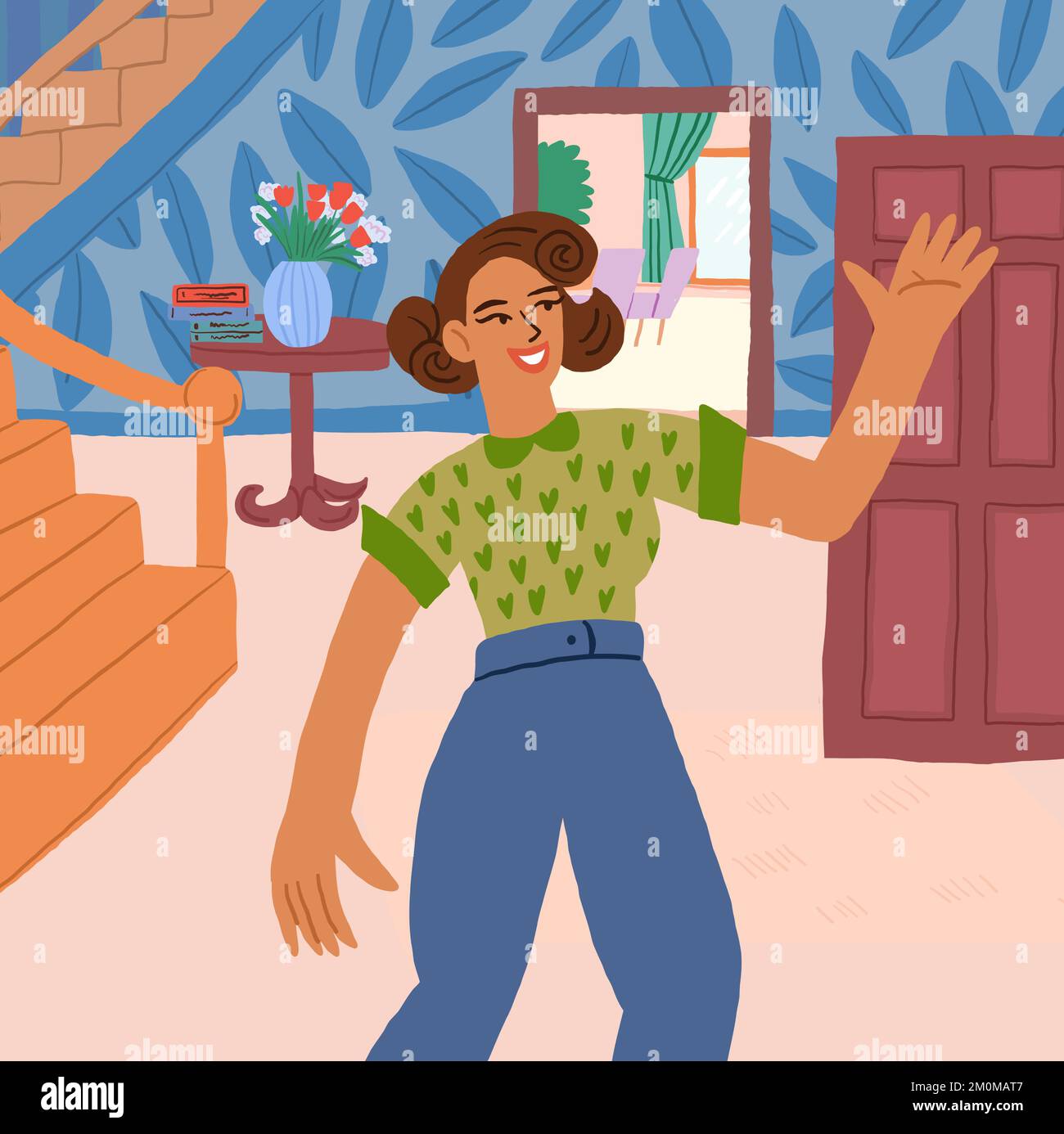 Woman smiling and greeting the guests near the entrance. Happy ...