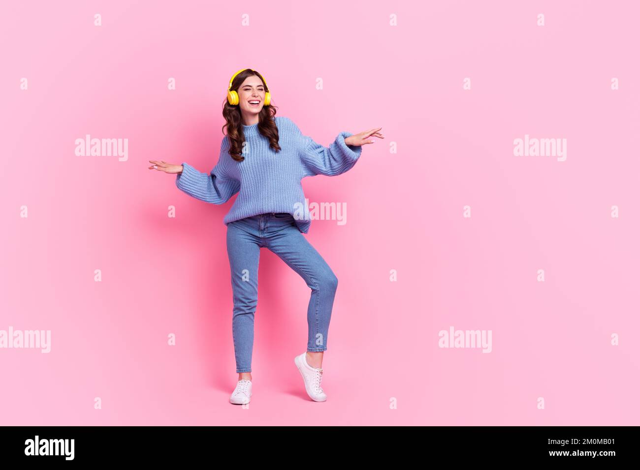 Full body photo of crazy positive lady enjoy new single dancing rejoice ...