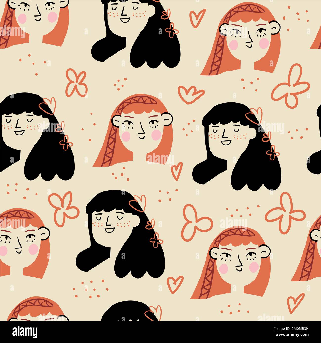 Vector seamless pattern with romantic women portraits, flowers, heats ...