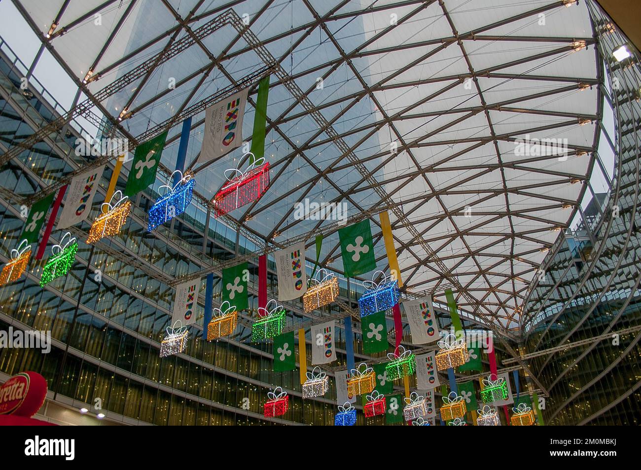 Milan Italy December 12, 2014:Bright gift parcels hanging in the ...