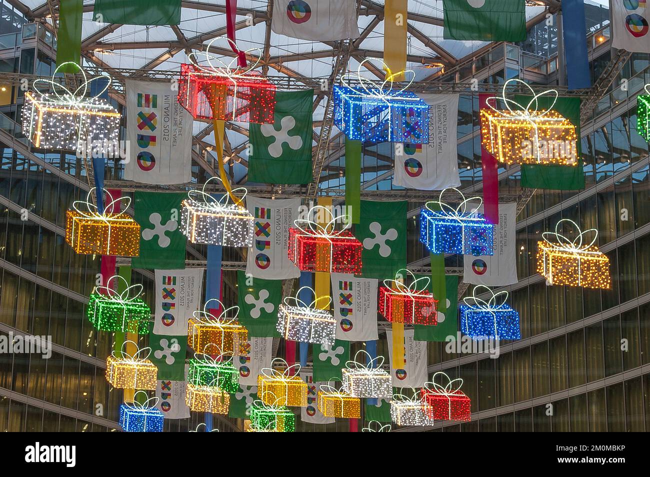 Milan Italy December 12, 2014:Bright gift parcels hanging in the ...