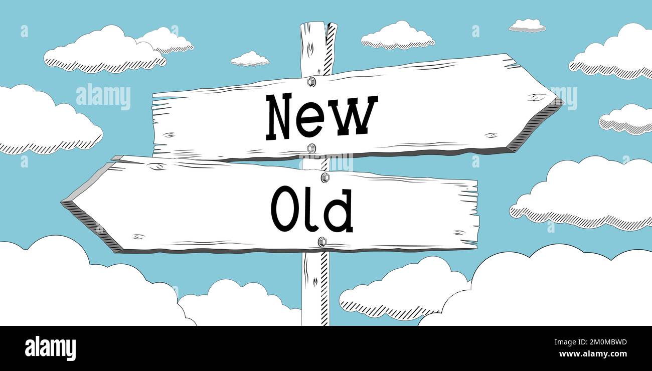 Old and new - outline signpost with two arrows Stock Photo - Alamy