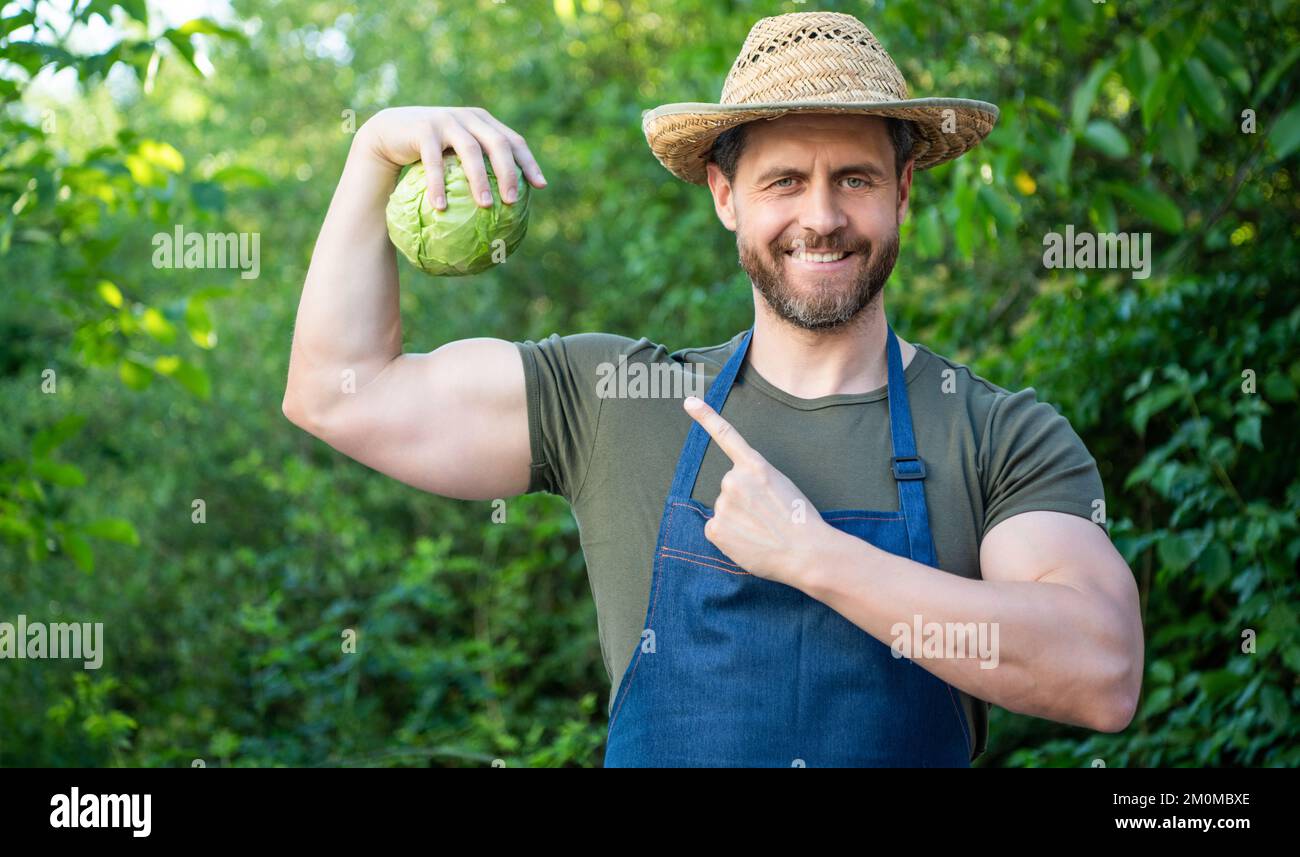 man greengrocer in straw hat pointing finger on cabbage vegetable Stock ...