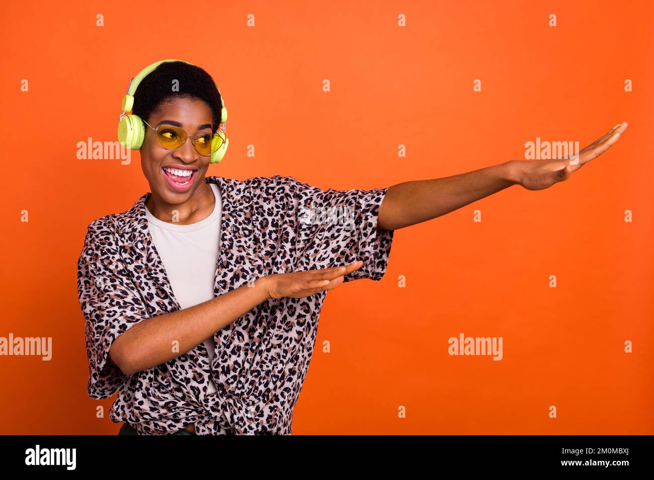 Portrait of positive person enjoy free time chilling clubbing audio ...