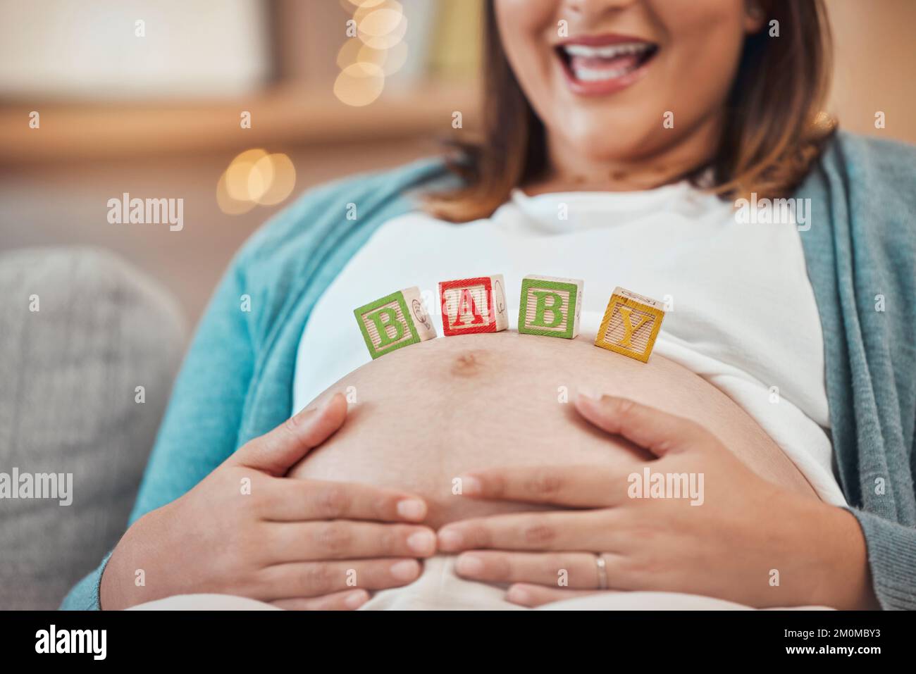 Woman, hands or pregnant stomach with baby building blocks, toys or ...