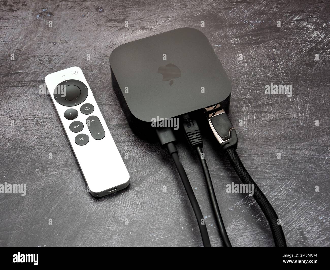 Bucharest, Romania - December 4, 2022: Product shot of the Apple TV 4k 2022 with WiFi and ...