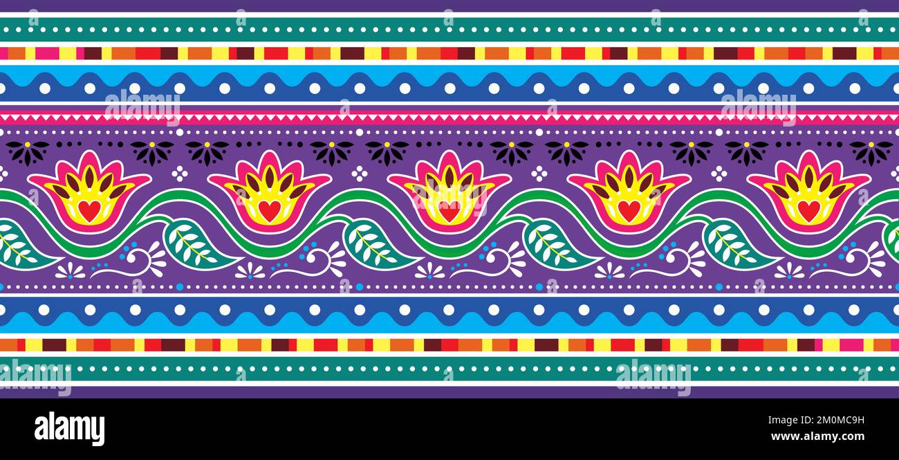 Pakistani and Indian floral truck art vector seamless long horizontal ...