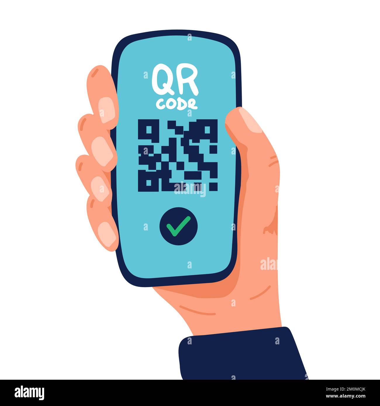 QR code scanning icon in smartphone. hand holding Mobile phone in line ...