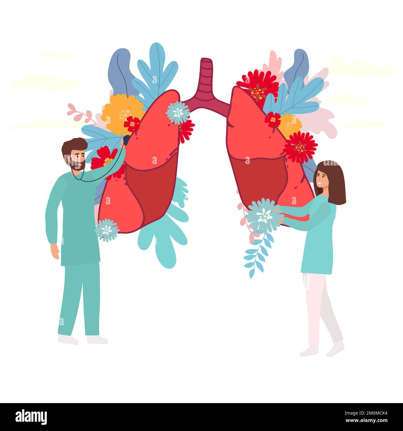 Pulmonology vector illustration. Flat tiny lungs healthcare persons ...