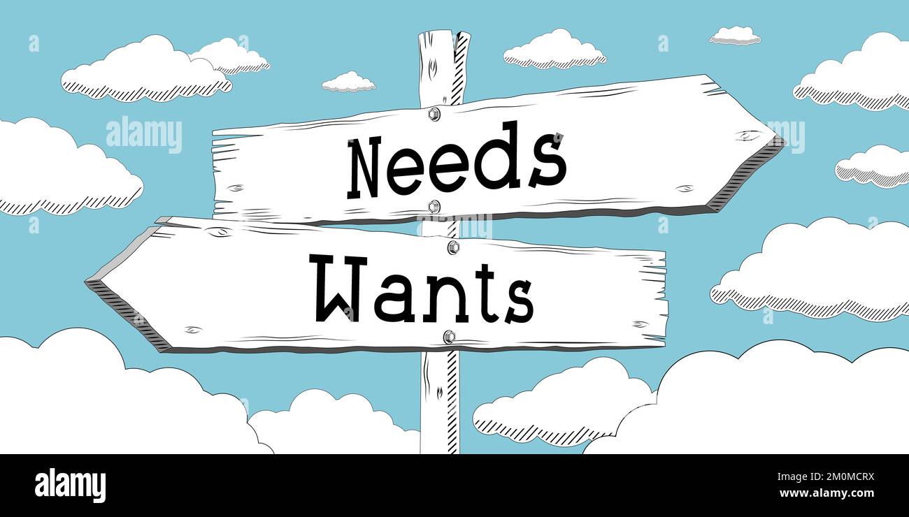 Needs and wants - outline signpost with two arrows Stock Photo - Alamy